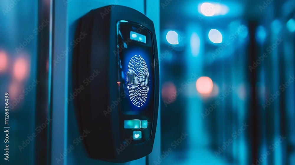 Detailed photograph showcasing a sleek wall mounted fingerprint scanner ...