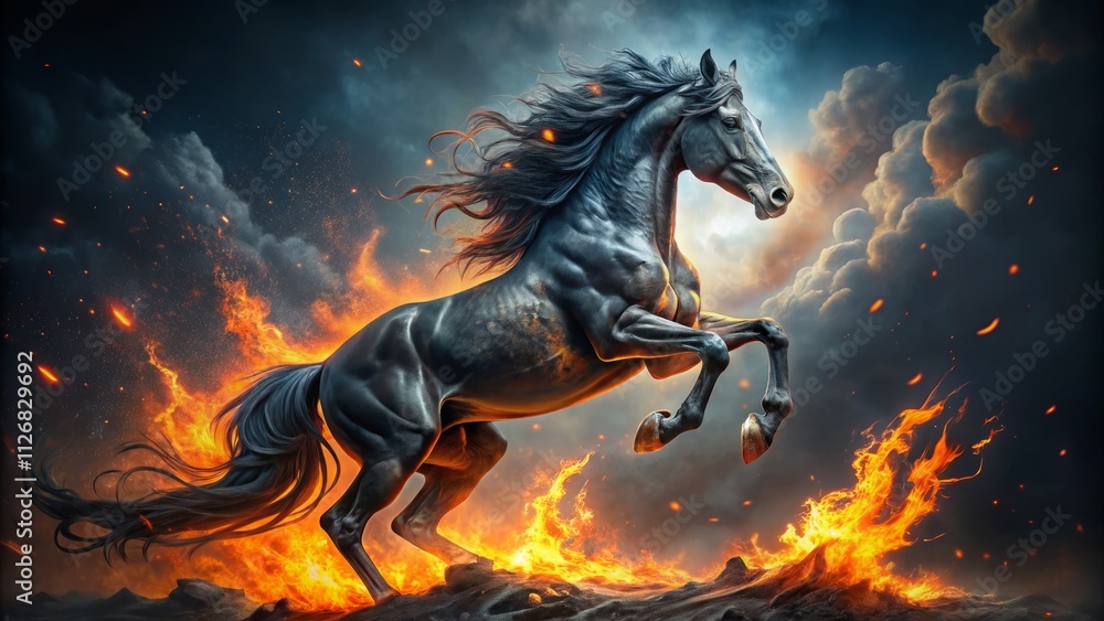 Fiery Stallion: Dark Horse, Burning Mane, Equestrian Photography, Black ...