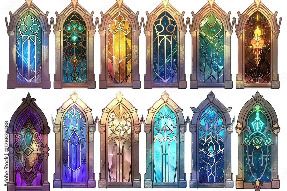 Church glass windows. Gothic vector arch frame with medieval symbols ...