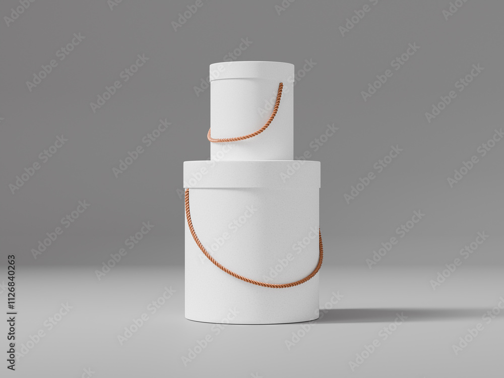 Set of white hat boxes mockup, 2 sizes cylinder boxes with rope handle ...