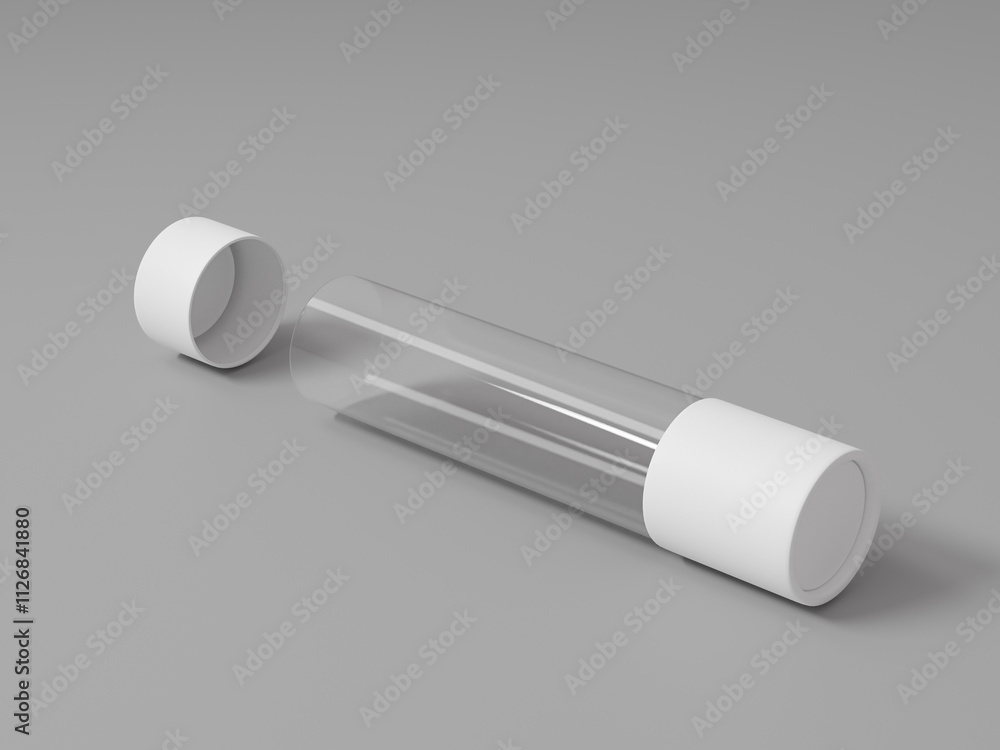 Plastic tube packaging mockup, open lid transparent cylinder shape ...