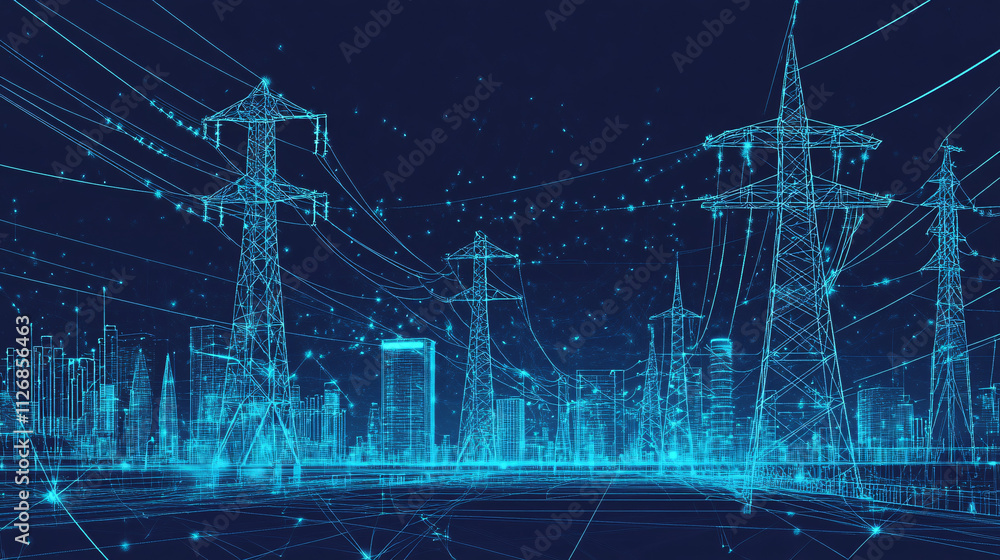 Blueprint-style line illustration of a futuristic smart grid system ...