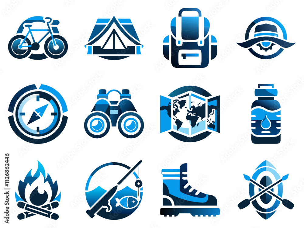 Outdoor camping icons collection in blue color scheme for adventure and ...
