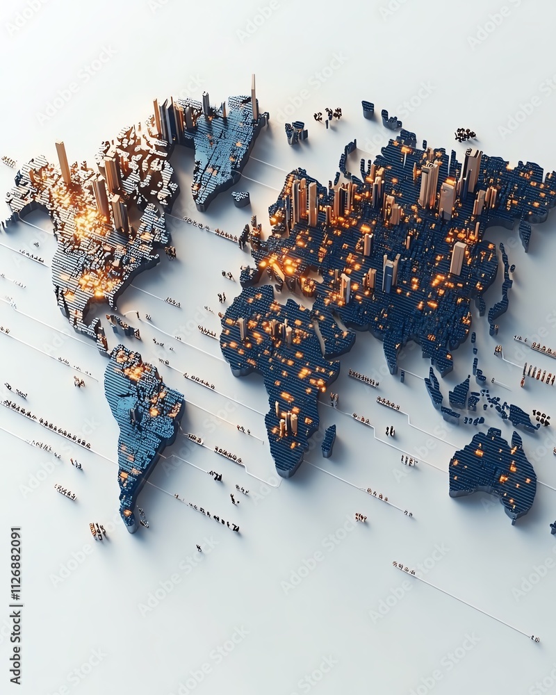 Global data analytics representation with a 3D graph and map on a white ...