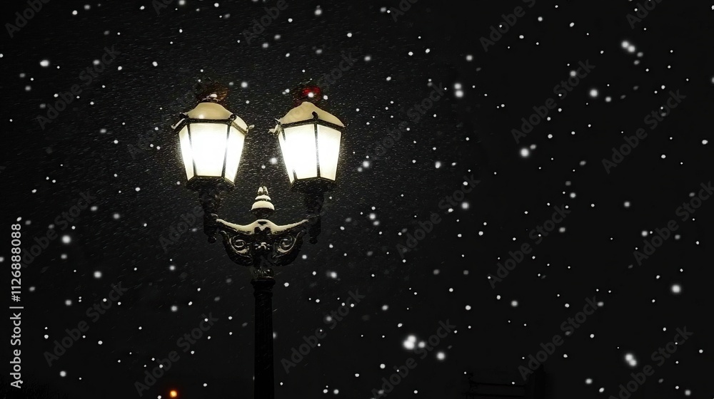 Solitary street lamp shining in dark night with snowflakes, black ...