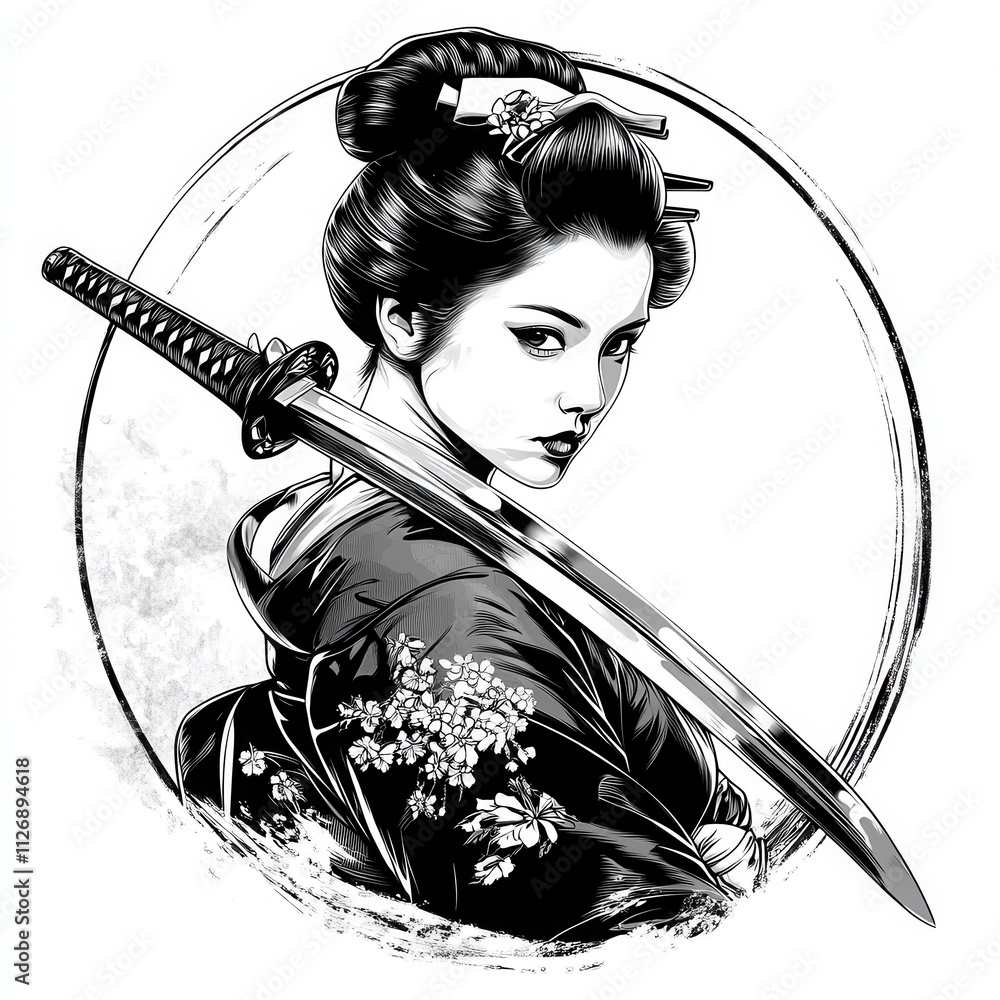 Detailed vector line art of a geisha with an elegant sword, rendered in ...