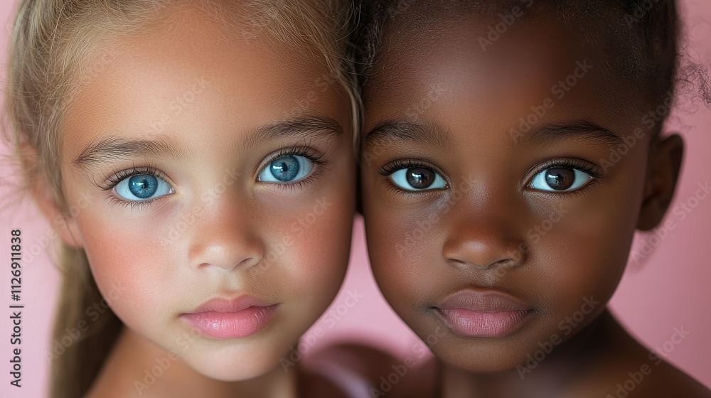 Two young girls with different skin tones are standing next to each ...