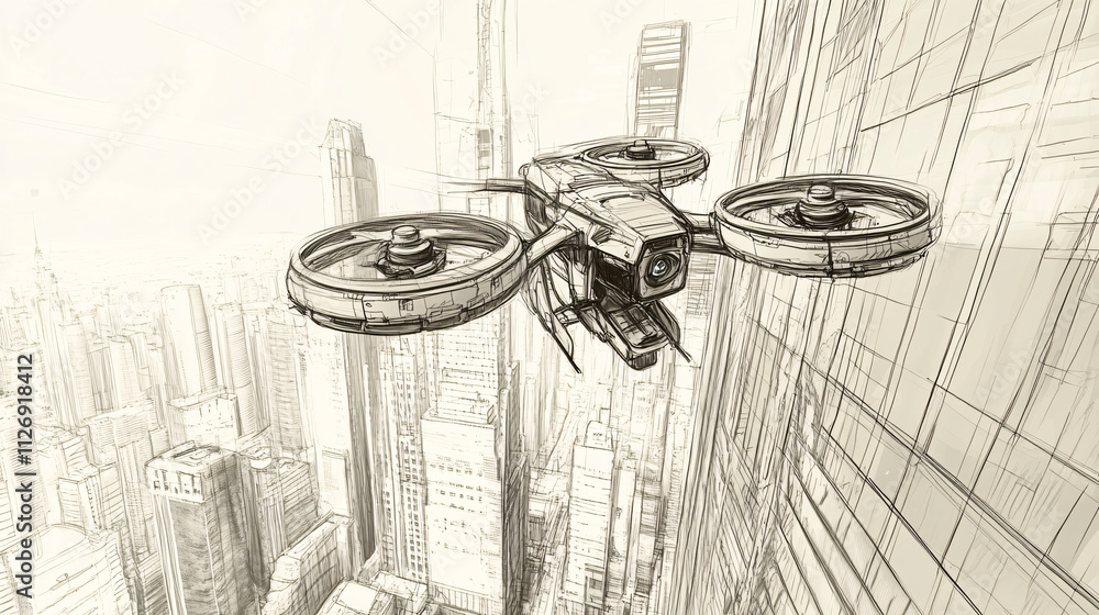 Technical sketch of a vertical takeoff drone landing on a high-rise ...