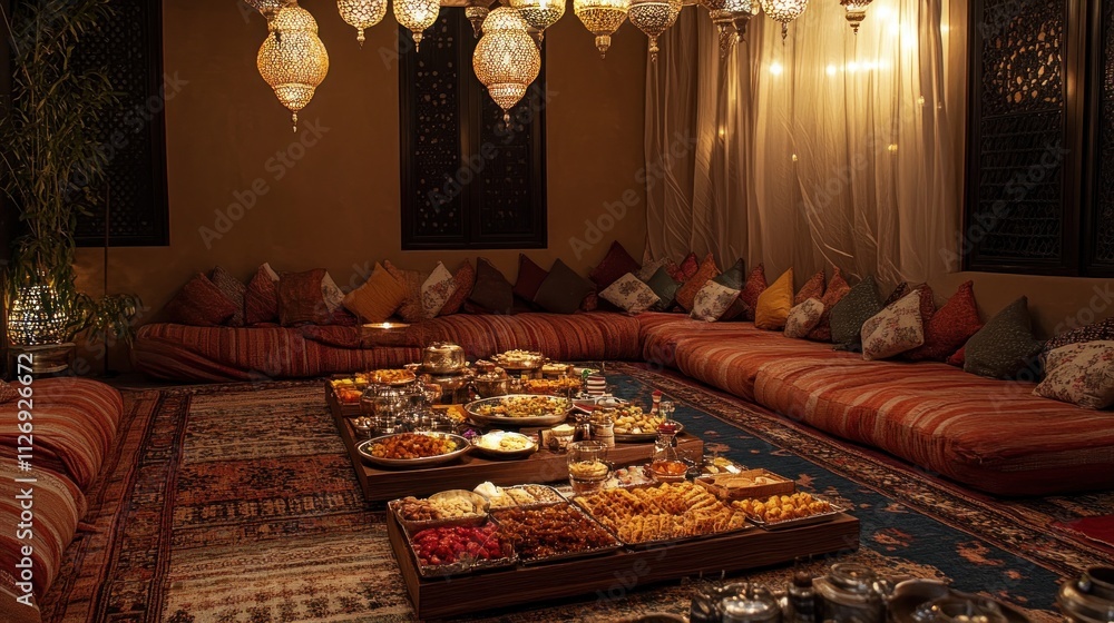A cozy Majlis setup with low seating and a spread of Saudi snacks and ...
