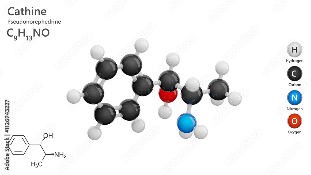 Molecule: Cathine. Stimulant. Molecular structure. Formula: C9H13NO ...