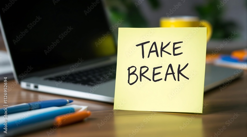 Yellow Sticky Note with 'TAKE A BREAK' Handwritten Message on Laptop ...