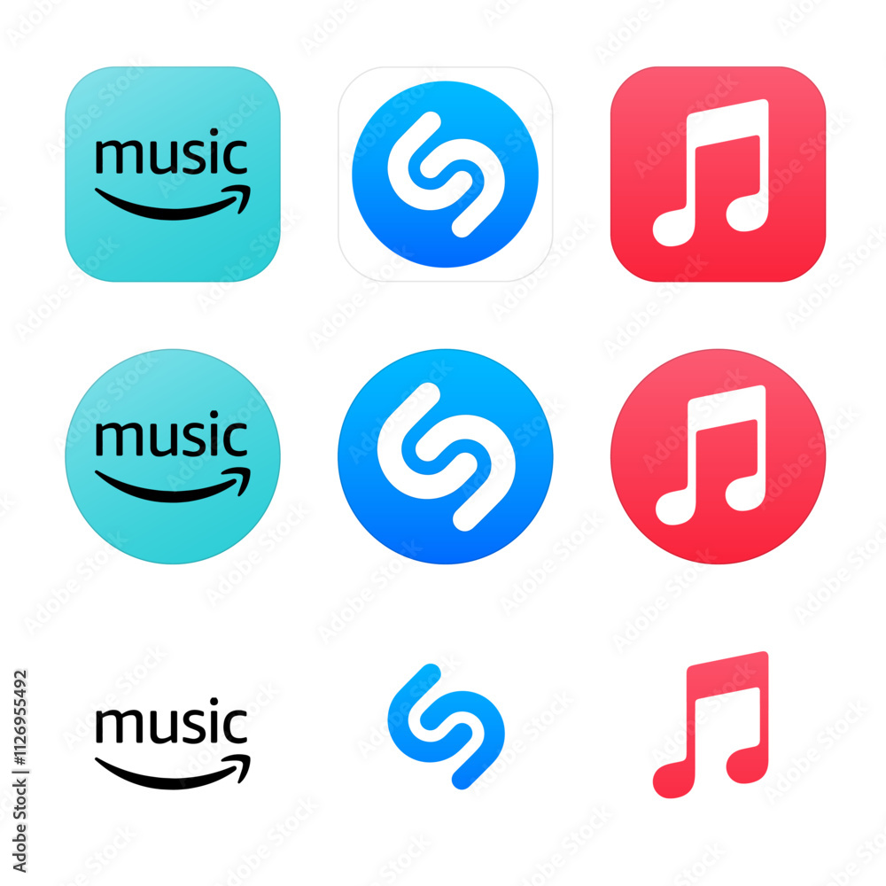Apple music, Shazam and Amazon music app icons. Music streaming service ...