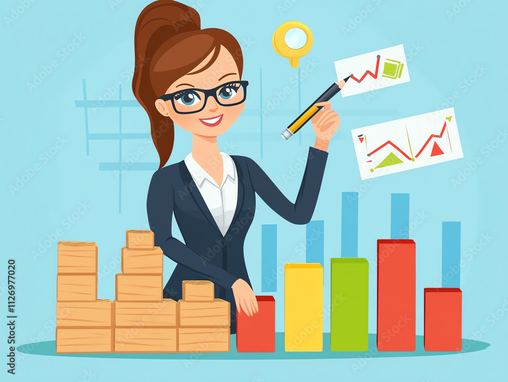 businesswoman analyzing growth indicators with charts and graphs ...