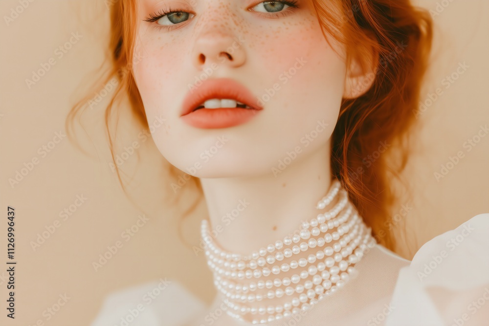 woman with light, rosy skin and loose, fiery red curls, wearing a ...