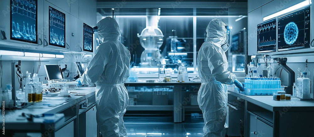 High-tech infectious disease lab with biohazard suits and advanced ...