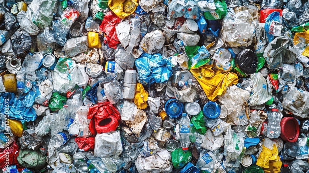 Colorful Chaos of Mixed Waste Materials on a Recycling Facility Floor ...