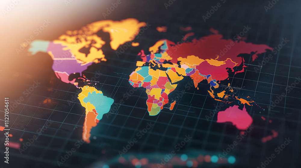 colorful world map with vibrant regions and grid background, showcasing ...