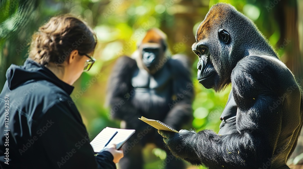 researcher in jungle environment taking notes while observing rare ...