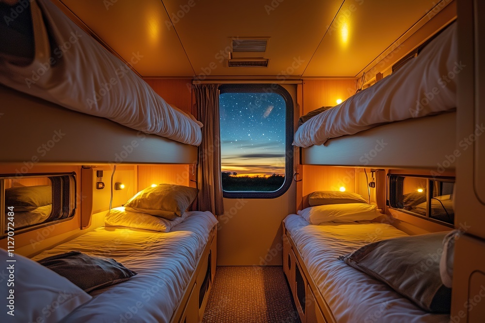 sleeper train cabin with neatly made bunks warm lighting and view of ...