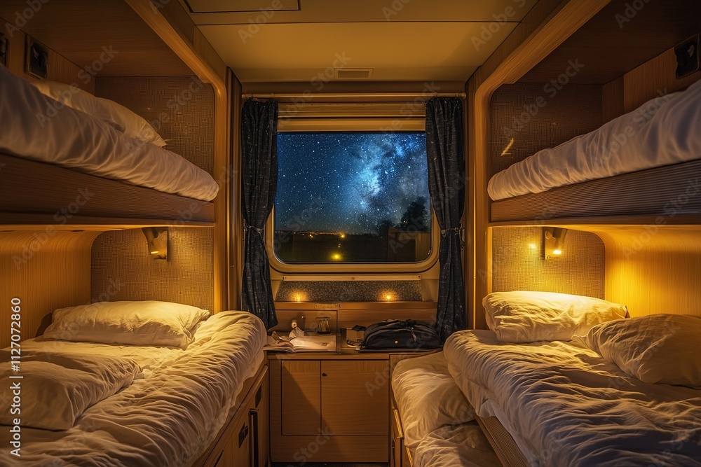 sleeper train cabin with neatly made bunks warm lighting and view of ...
