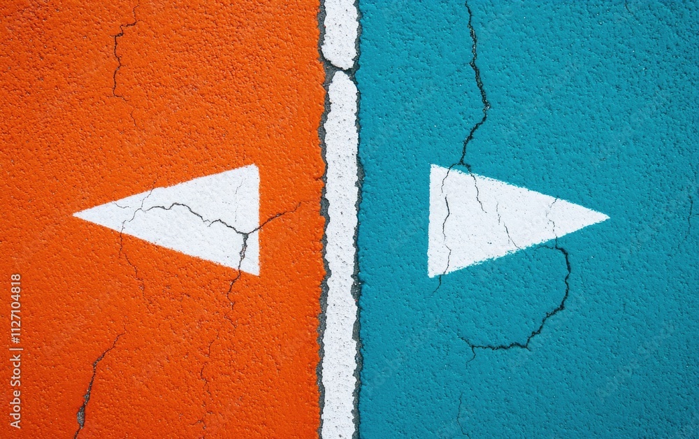 Dynamic pavement arrows indicating direction on cracked asphalt surface ...