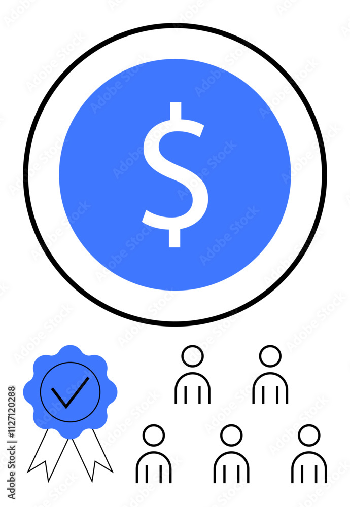 Dollar sign in blue circle blue award ribbon with checkmark, five ...