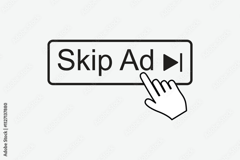 Skip ads button icon clipart style, social media elements on white ...