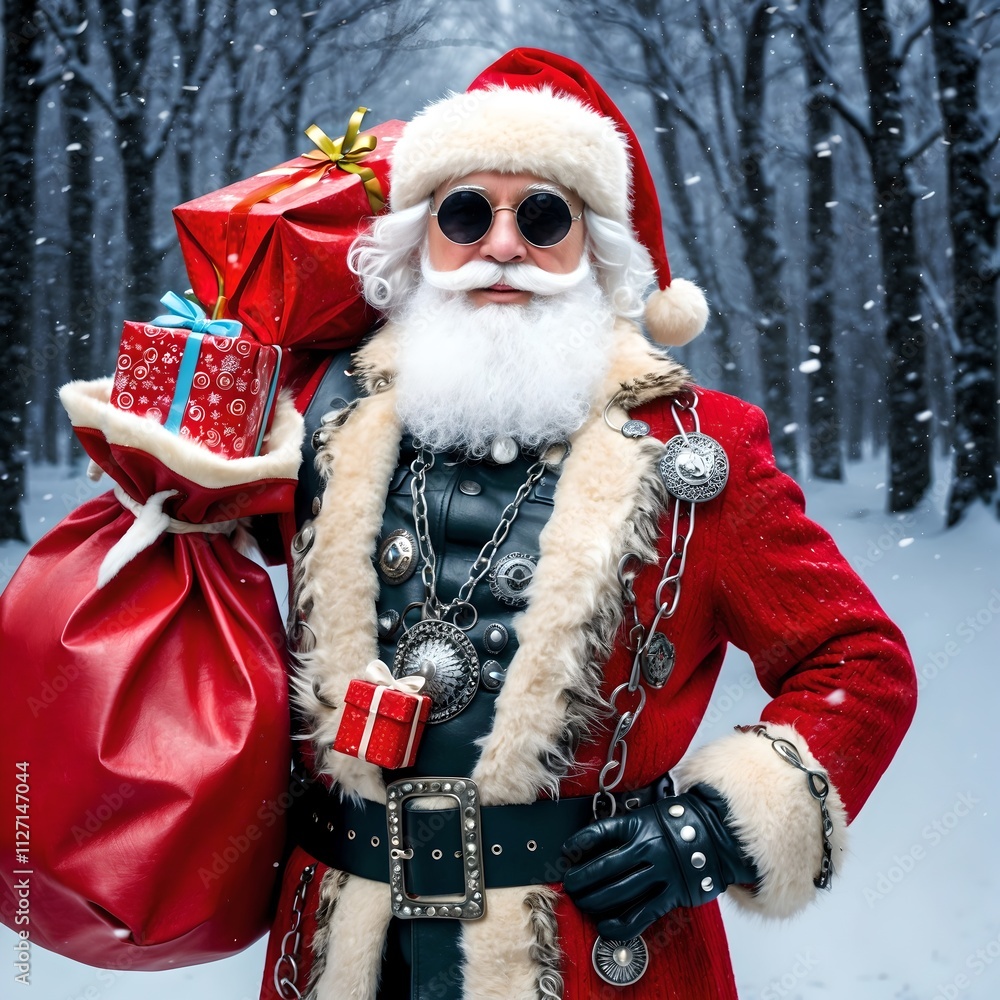 Santa Claus in rocker clothes and with rock paraphernalia. Stock Photo ...