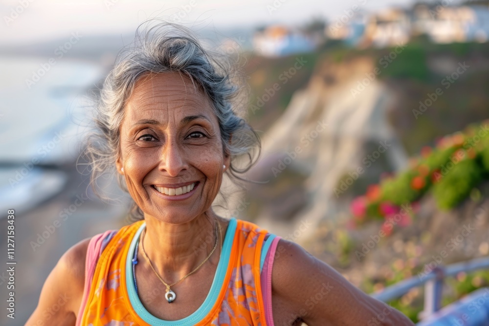 Portrait of a happy indian woman in her 50s wearing a lightweight ...