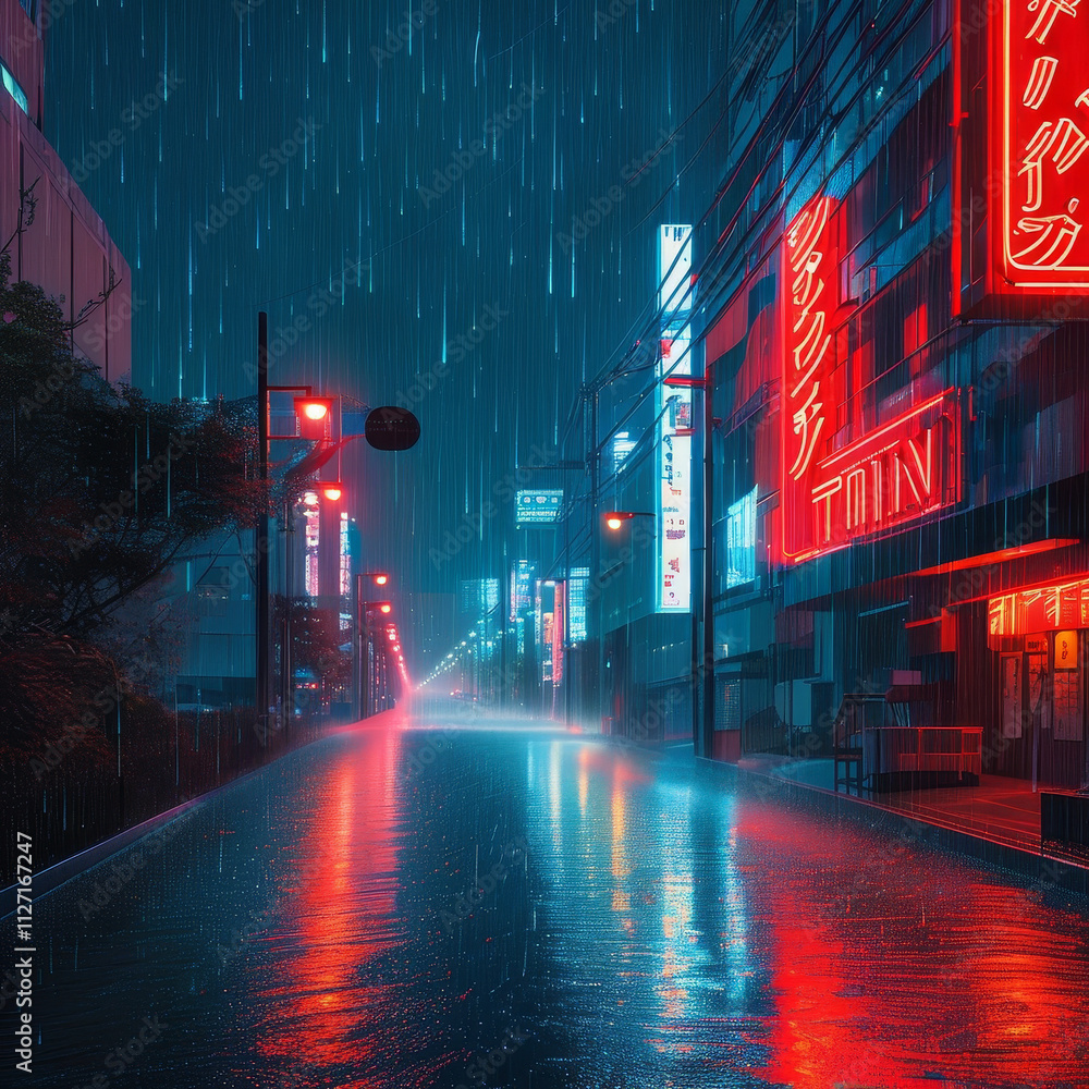 Cinematic cyberpunk neon light night city background, red rainy neon ...