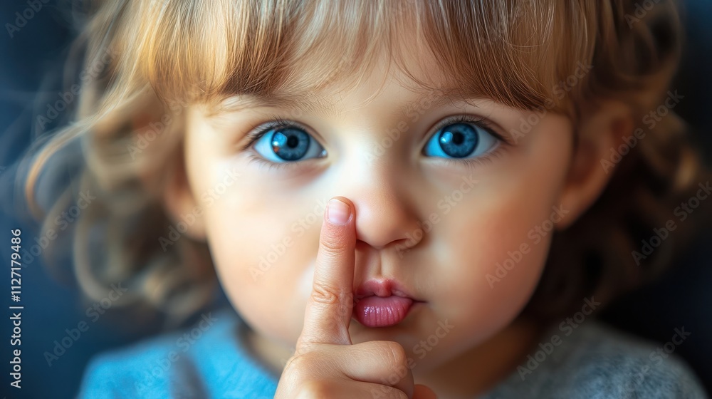 Cute little child with finger on lips making a silent gesture. Shh ...