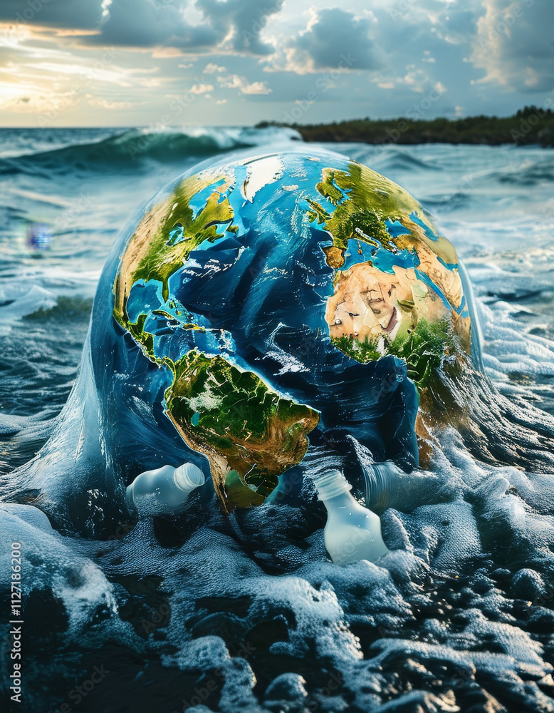 Polluted planet earth floating in an ocean with plastic waste, plastic ...