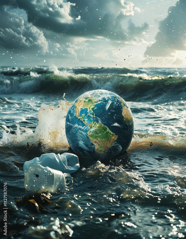 Polluted planet earth floating in an ocean with plastic waste, plastic ...