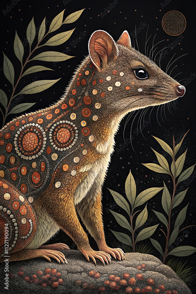 Spotted quoll in dot art style with leafy night background. Australian ...