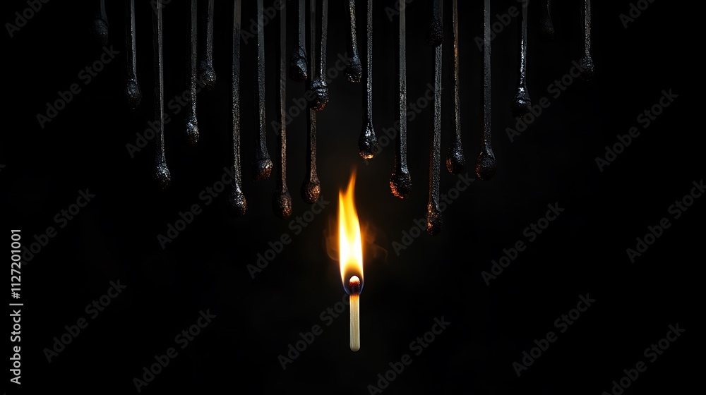 Single burning matchstick among many burnt ones on black background ...
