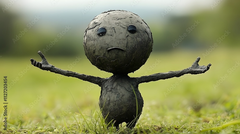 Sad clay figure with a round head and outstretched arms, symbolizing ...