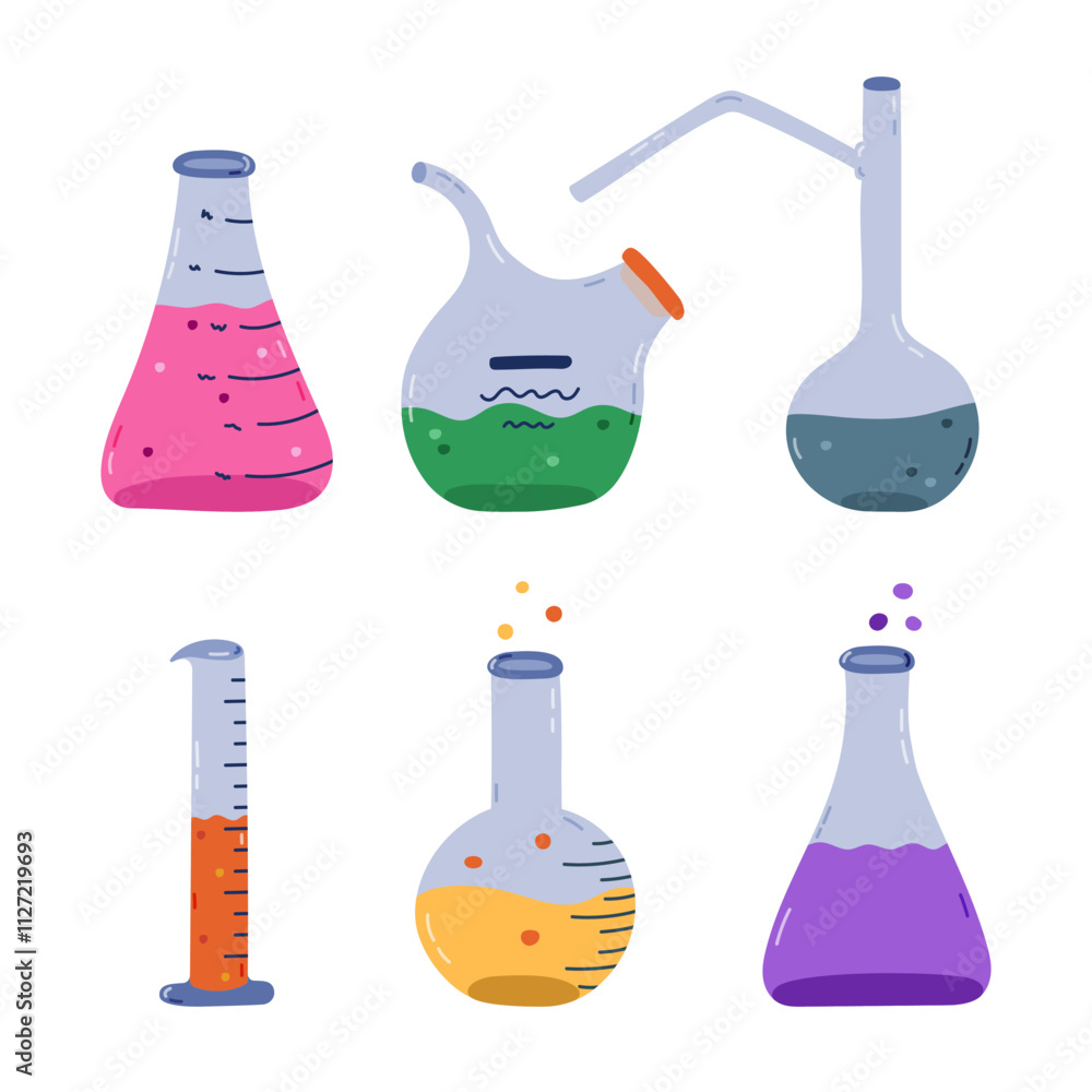 Cute cartoon set with laboratory beaker with chemical solution, reagent ...