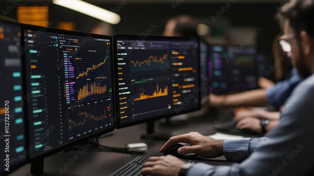Supply Chain Digital Transformation. A team of professionals analyzing a digital dashboard ...