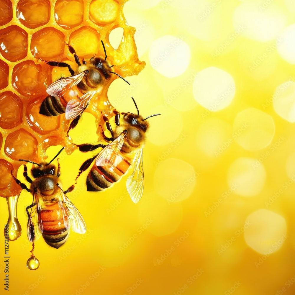 Busy bees on a bright honeycomb dripping with honey highlighting nature ...