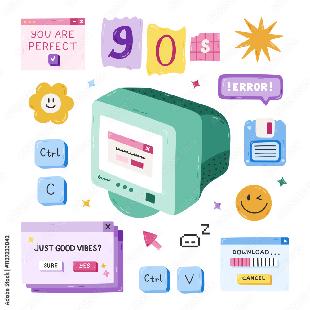 Cute cartoon Y2k set with technology symbols from 90s, 00s. Retro ...