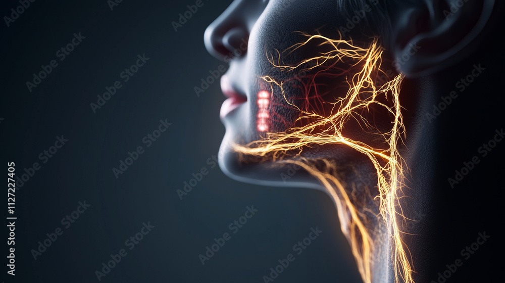 A facial profile featuring the trigeminal nerve pathways glowing in ...
