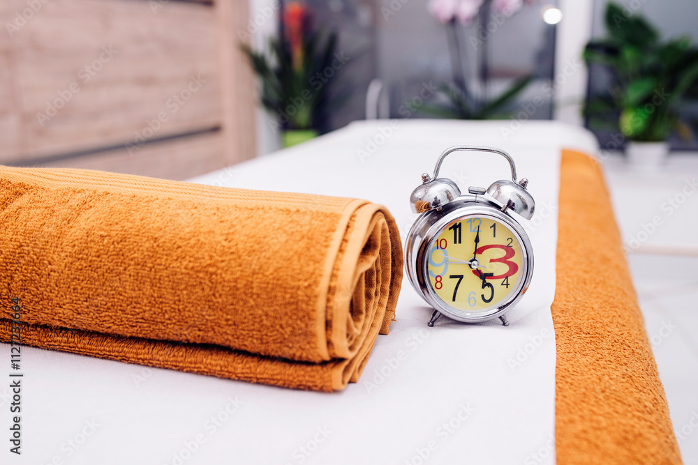 A cozy spa setup featuring an orange rolled towel and a retro alarm ...