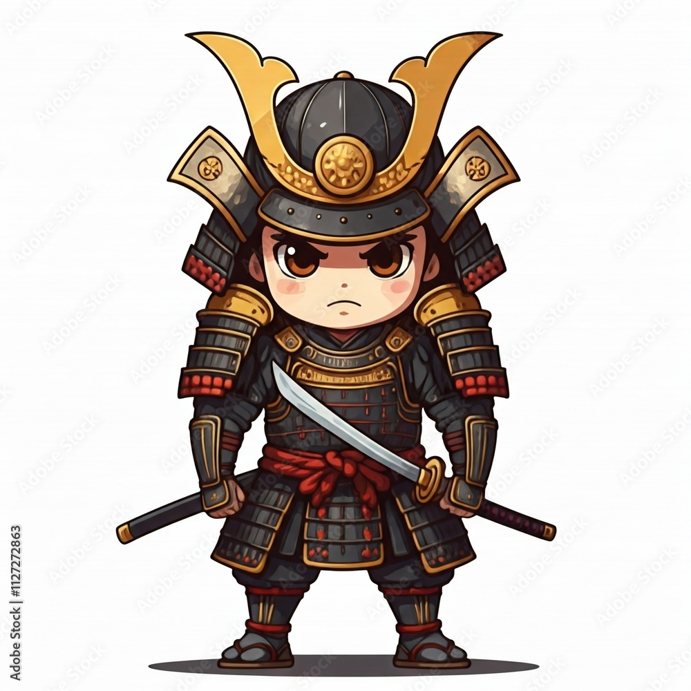 chibi samurai character with a cute and fierce expression, wearing a ...