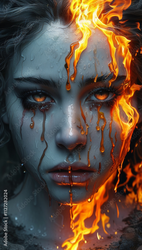 A two-faced beautiful woman crying in sorrow with a burning face ...