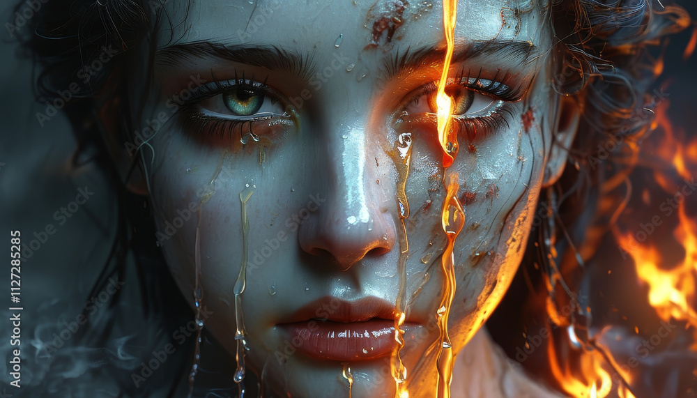 A two-faced beautiful woman crying in sorrow with a burning face ...