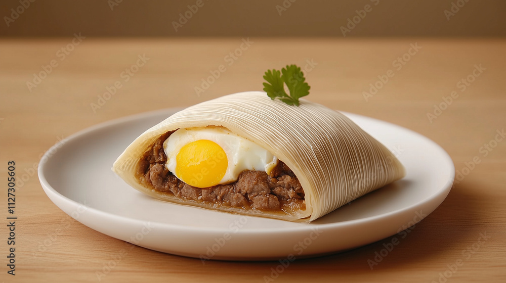 This sliced Peruvian tamale reveals tender beef and a golden egg ...