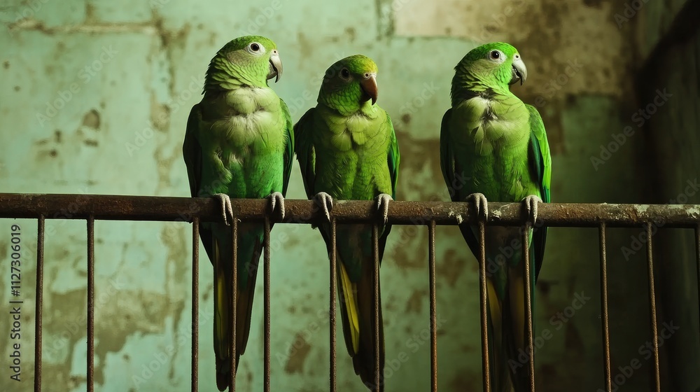 Green Parrots perching on an iron rod inside a vintage room at an ...