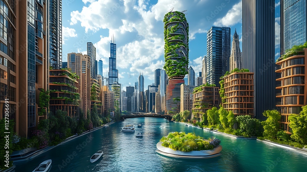 Eco-Friendly Cityscape: A 3D Render of a Sustainable Urban Riverfront ...