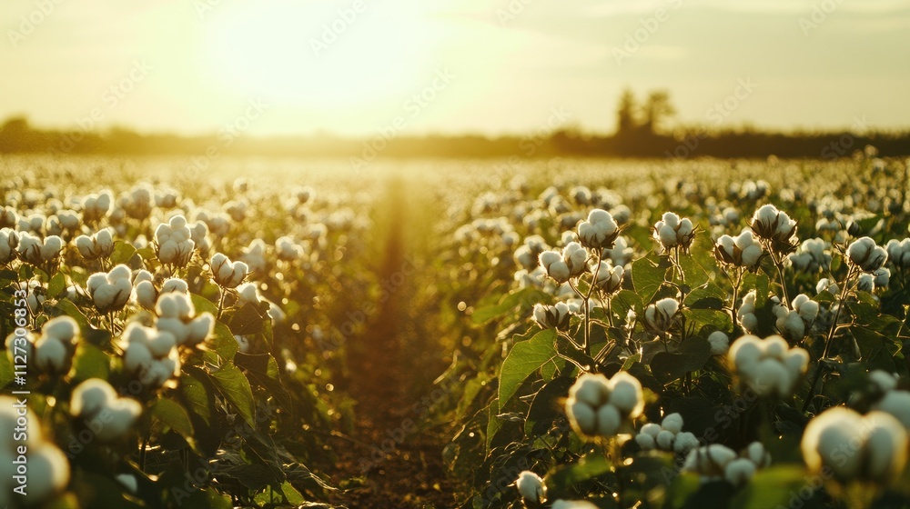 Automatic irrigation system in a cotton field under sunset enhancing ...