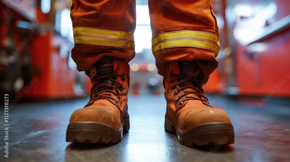 Firefighter uniform with boots and trousers displayed in a fire station ...